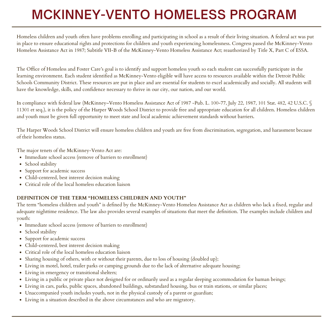 McKinney-Vento Homeless Program | Harper Woods School District